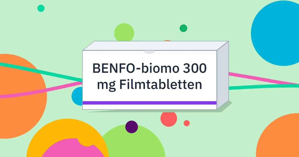 Symbolbild: Packung mit der Aufschrift BENFO-biomo 300 mg Filmtabletten (PZN 13711470) – Verfügbarkeit und Bezug in Apotheken in Frankfurt am Main