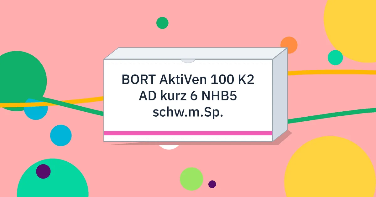 Symbolbild: Packung mit der Aufschrift BORT AktiVen 100 K2 AD kurz 6 NHB5 schw.m.Sp. (PZN 17497157) – Verfügbarkeit und Bezug in Apotheken in Frankfurt am Main