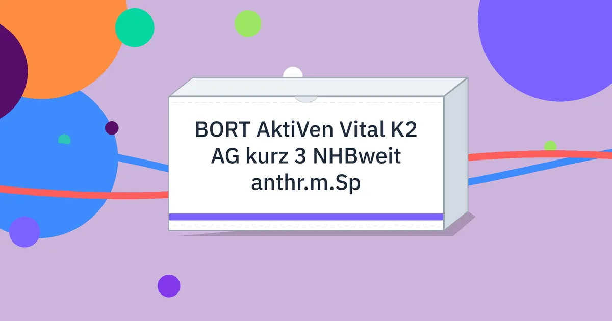 Symbolbild: Packung mit der Aufschrift BORT AktiVen Vital K2 AG kurz 3 NHBweit anthr.m.Sp (PZN 13734761) – Verfügbarkeit und Bezug in Apotheken in Frankfurt am Main