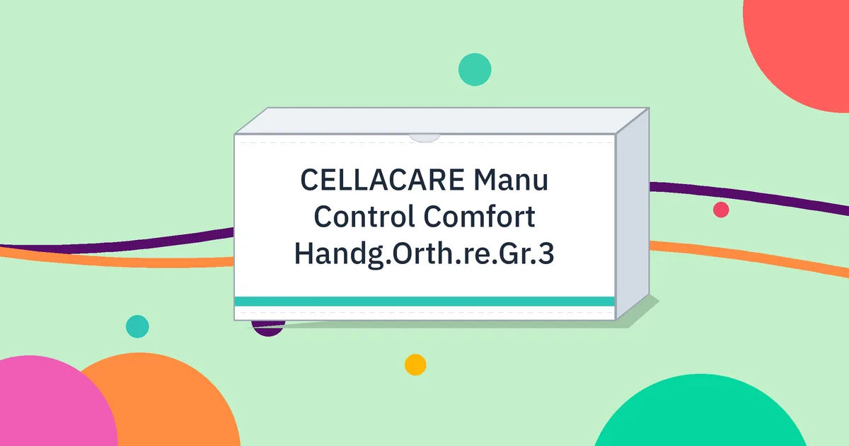 Symbolbild: Packung mit der Aufschrift CELLACARE Manu Control Comfort Handg.Orth.re.Gr.3 (PZN 16738802) – Verfügbarkeit und Bezug in Apotheken in Frankfurt am Main