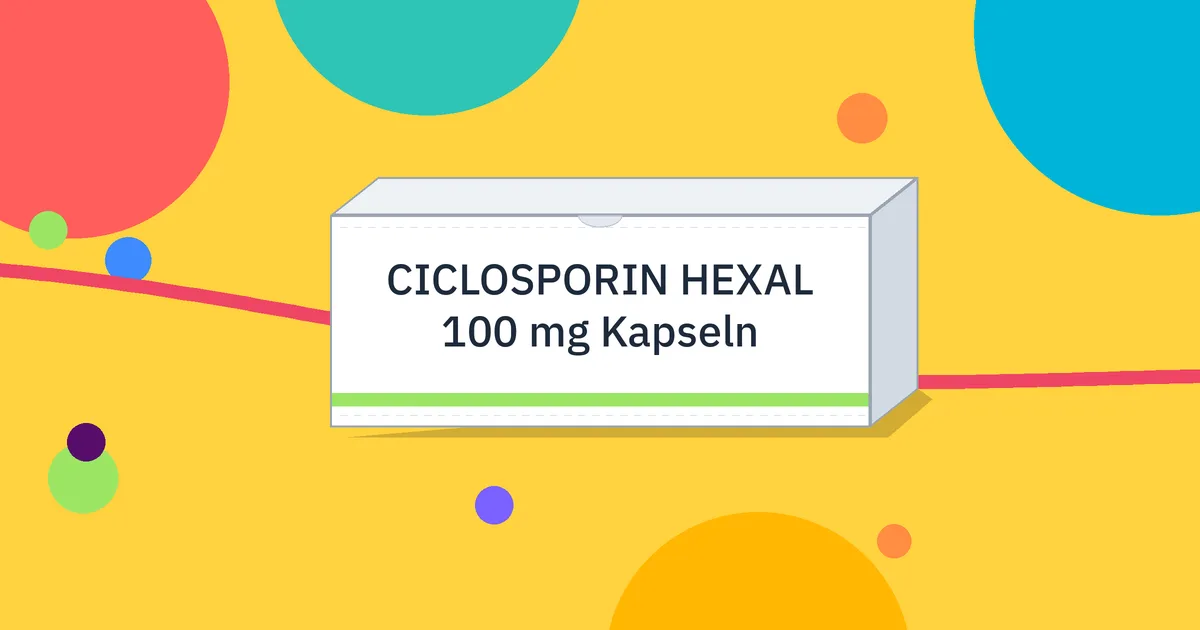 Symbolbild: Packung mit der Aufschrift CICLOSPORIN HEXAL 100 mg Kapseln (PZN 08867690) – Verfügbarkeit und Bezug in Apotheken in Frankfurt am Main
