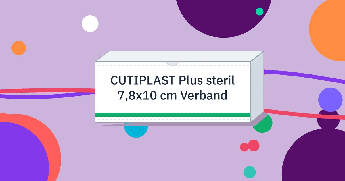 Symbolbild: Packung mit der Aufschrift CUTIPLAST Plus steril 7,8x10 cm Verband (PZN 08883996) – Verfügbarkeit und Bezug in Apotheken in Frankfurt am Main