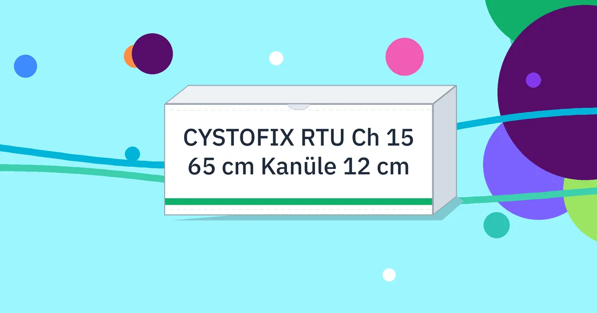 Symbolbild: Packung mit der Aufschrift CYSTOFIX RTU Ch 15 65 cm Kanüle 12 cm (PZN 11584725) – Verfügbarkeit und Bezug in Apotheken in Frankfurt am Main