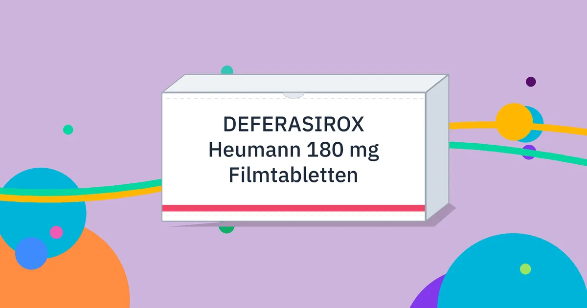 Symbolbild: Packung mit der Aufschrift DEFERASIROX Heumann 180 mg Filmtabletten (PZN 16358100) – Verfügbarkeit und Bezug in Apotheken in Frankfurt am Main