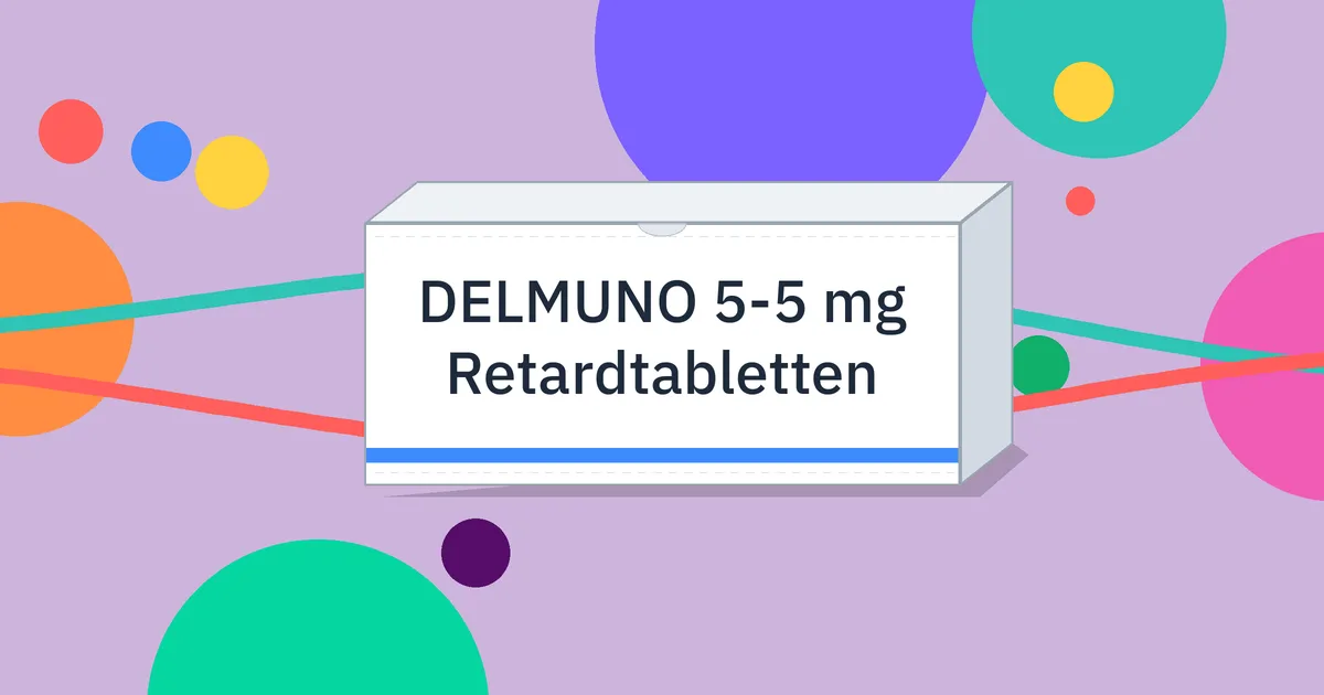 Symbolbild: Packung mit der Aufschrift DELMUNO 5-5 mg Retardtabletten (PZN 16363420) – Verfügbarkeit und Bezug in Apotheken in Frankfurt am Main
