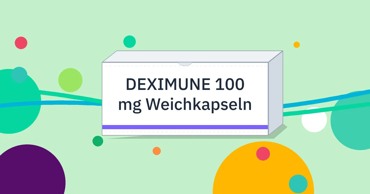 Symbolbild: Packung mit der Aufschrift DEXIMUNE 100 mg Weichkapseln (PZN 06056450) – Verfügbarkeit und Bezug in Apotheken in Frankfurt am Main