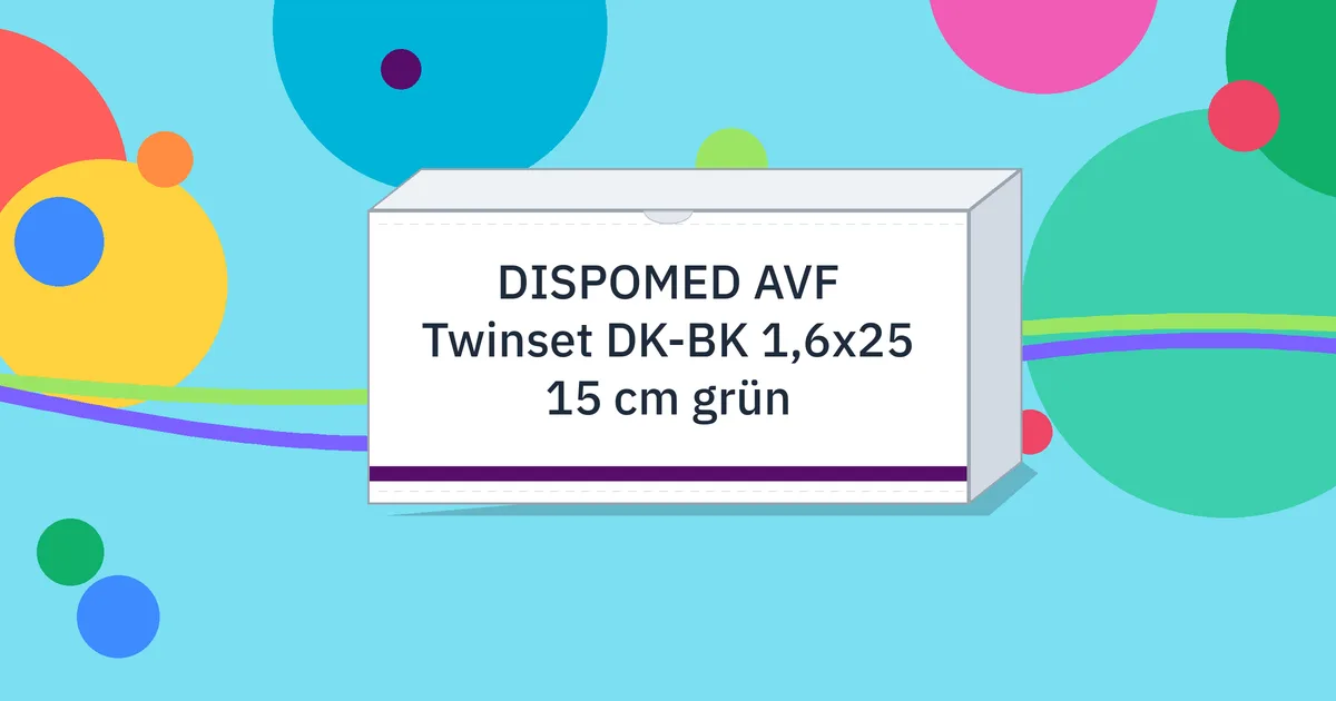 Symbolbild: Packung mit der Aufschrift DISPOMED AVF Twinset DK-BK 1,6x25 15 cm grün (PZN 00268470) – Verfügbarkeit und Bezug in Apotheken in Frankfurt am Main