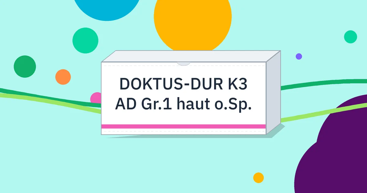 Symbolbild: Packung mit der Aufschrift DOKTUS-DUR K3 AD Gr.1 haut o.Sp. (PZN 00596820) – Verfügbarkeit und Bezug in Apotheken in Frankfurt am Main