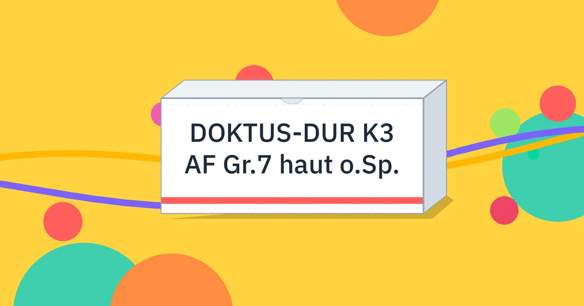 Symbolbild: Packung mit der Aufschrift DOKTUS-DUR K3 AF Gr.7 haut o.Sp. (PZN 00597127) – Verfügbarkeit und Bezug in Apotheken in Frankfurt am Main