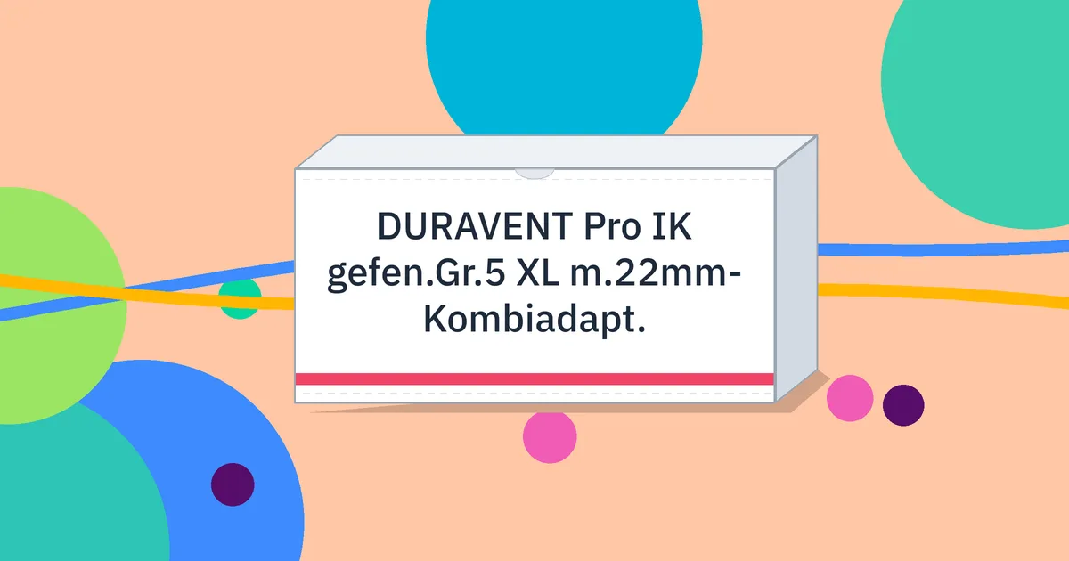 Symbolbild: Packung mit der Aufschrift DURAVENT Pro IK gefen.Gr.5 XL m.22mm-Kombiadapt. (PZN 19243461) – Verfügbarkeit und Bezug in Apotheken in Frankfurt am Main