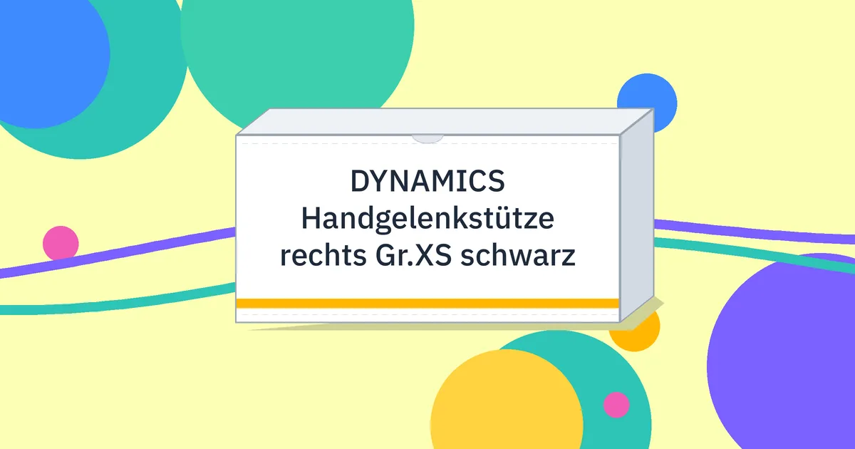 Symbolbild: Packung mit der Aufschrift DYNAMICS Handgelenkstütze rechts Gr.XS schwarz (PZN 10633522) – Verfügbarkeit und Bezug in Apotheken in Frankfurt am Main