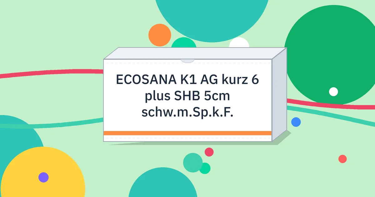 Symbolbild: Packung mit der Aufschrift ECOSANA K1 AG kurz 6 plus SHB 5cm schw.m.Sp.k.F. (PZN 04729761) – Verfügbarkeit und Bezug in Apotheken in Frankfurt am Main