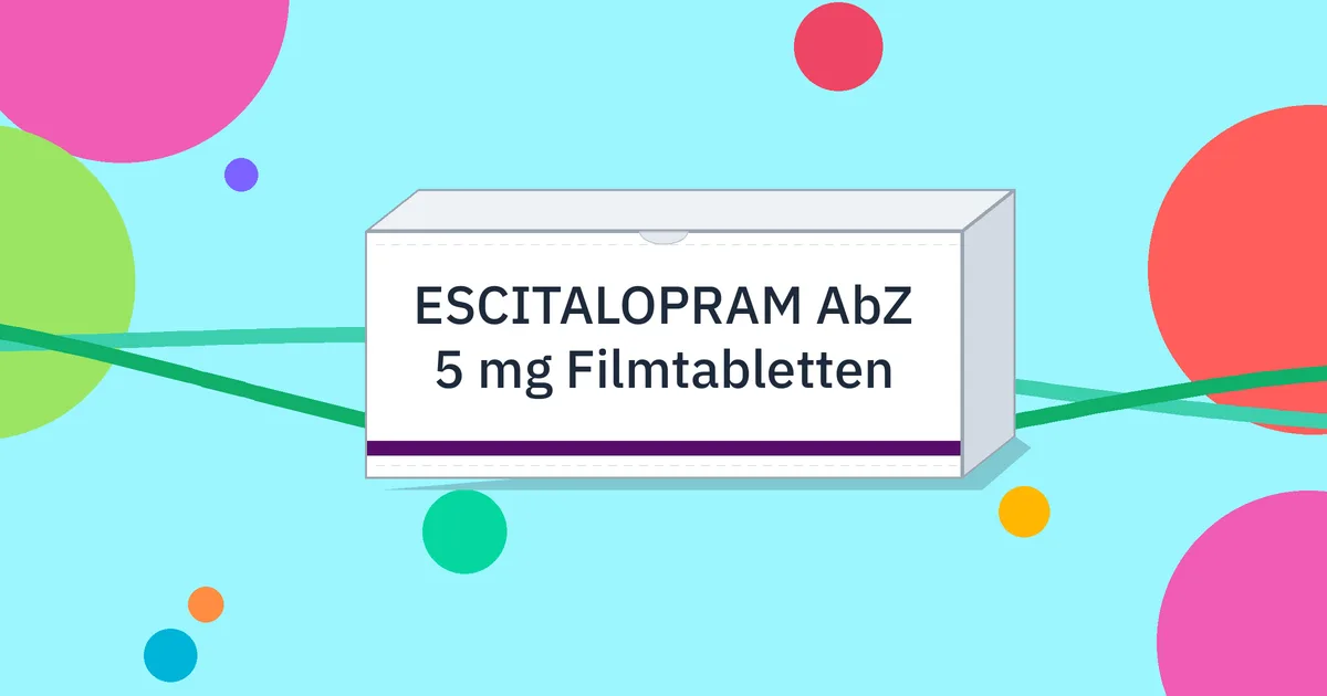 Symbolbild: Packung mit der Aufschrift ESCITALOPRAM AbZ 5 mg Filmtabletten (PZN 10099057) – Verfügbarkeit und Bezug in Apotheken in Frankfurt am Main