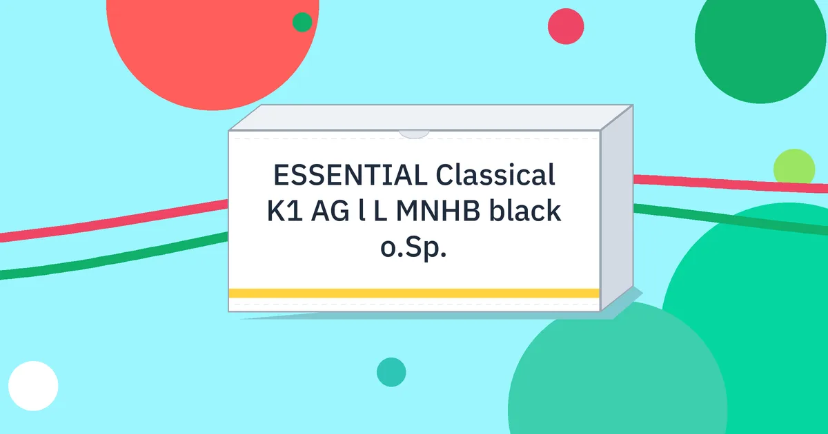 Symbolbild: Packung mit der Aufschrift ESSENTIAL Classical K1 AG l L MNHB black o.Sp. (PZN 19321089) – Verfügbarkeit und Bezug in Apotheken in Frankfurt am Main