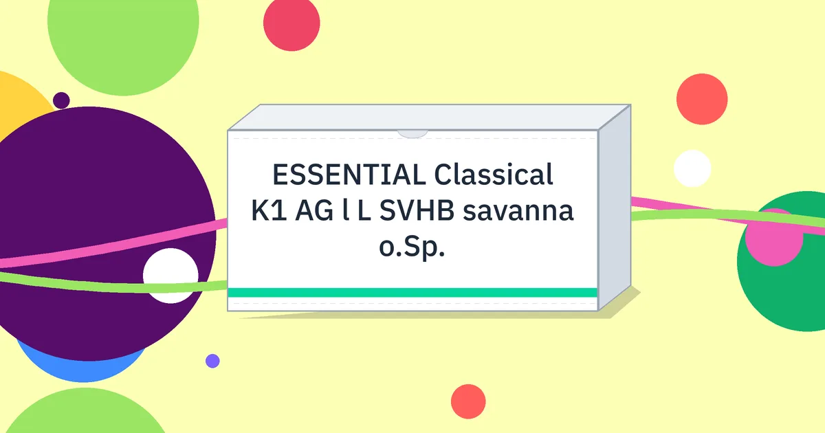 Symbolbild: Packung mit der Aufschrift ESSENTIAL Classical K1 AG l L SVHB savanna o.Sp. (PZN 18420398) – Verfügbarkeit und Bezug in Apotheken in Frankfurt am Main