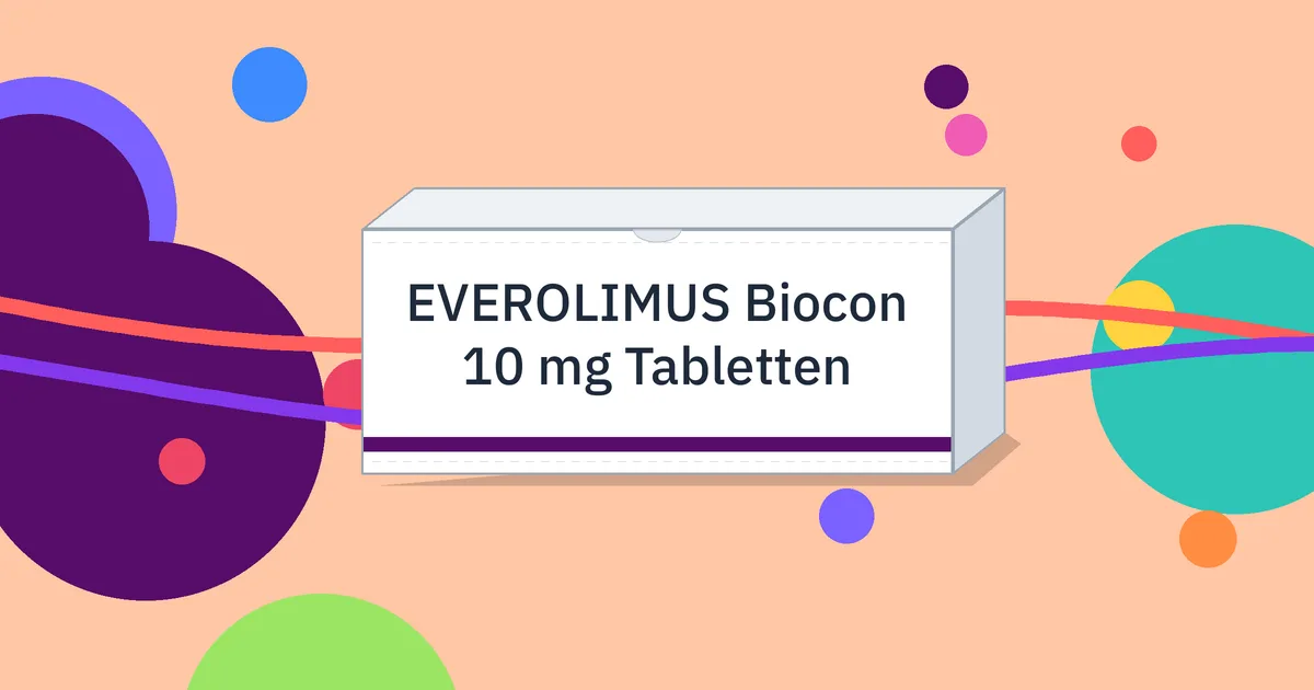 Symbolbild: Packung mit der Aufschrift EVEROLIMUS Biocon 10 mg Tabletten (PZN 17973965) – Verfügbarkeit und Bezug in Apotheken in Frankfurt am Main