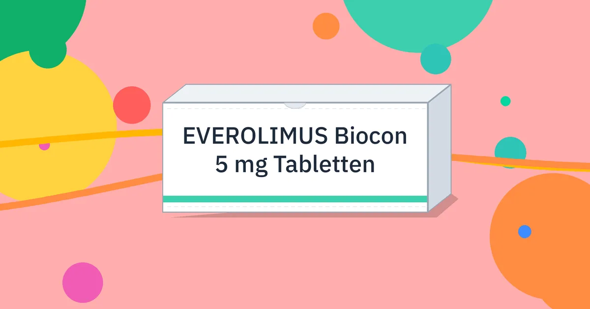 Symbolbild: Packung mit der Aufschrift EVEROLIMUS Biocon 5 mg Tabletten (PZN 17973936) – Verfügbarkeit und Bezug in Apotheken in Frankfurt am Main