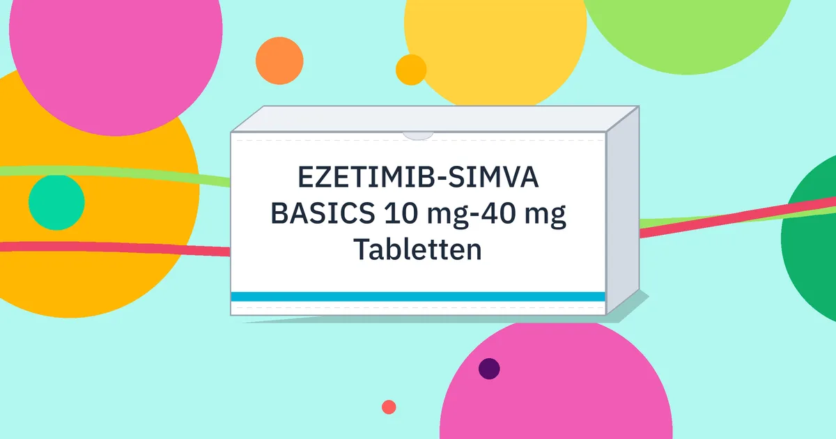 Symbolbild: Packung mit der Aufschrift EZETIMIB-SIMVA BASICS 10 mg-40 mg Tabletten (PZN 13828166) – Verfügbarkeit und Bezug in Apotheken in Frankfurt am Main