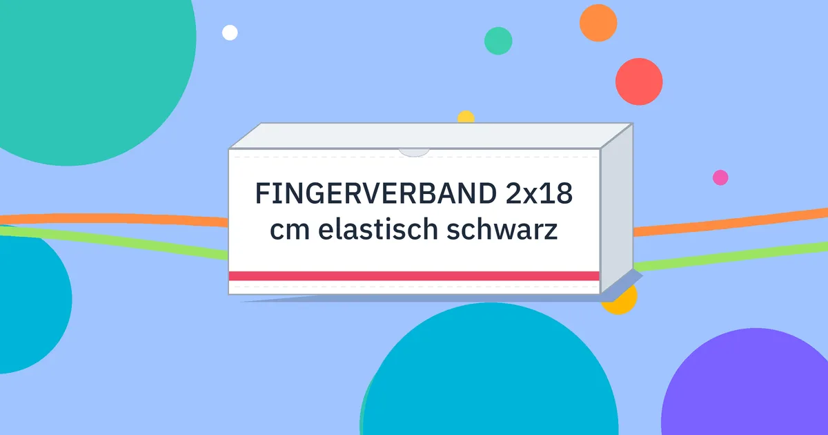 Symbolbild: Packung mit der Aufschrift FINGERVERBAND 2x18 cm elastisch schwarz (PZN 07624229) – Verfügbarkeit und Bezug in Apotheken in Frankfurt am Main