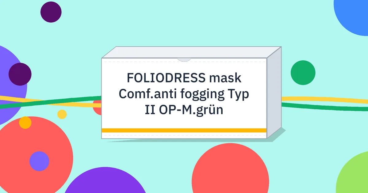 Symbolbild: Packung mit der Aufschrift FOLIODRESS mask Comf.anti fogging Typ II OP-M.grün (PZN 02847249) – Verfügbarkeit und Bezug in Apotheken in Frankfurt am Main