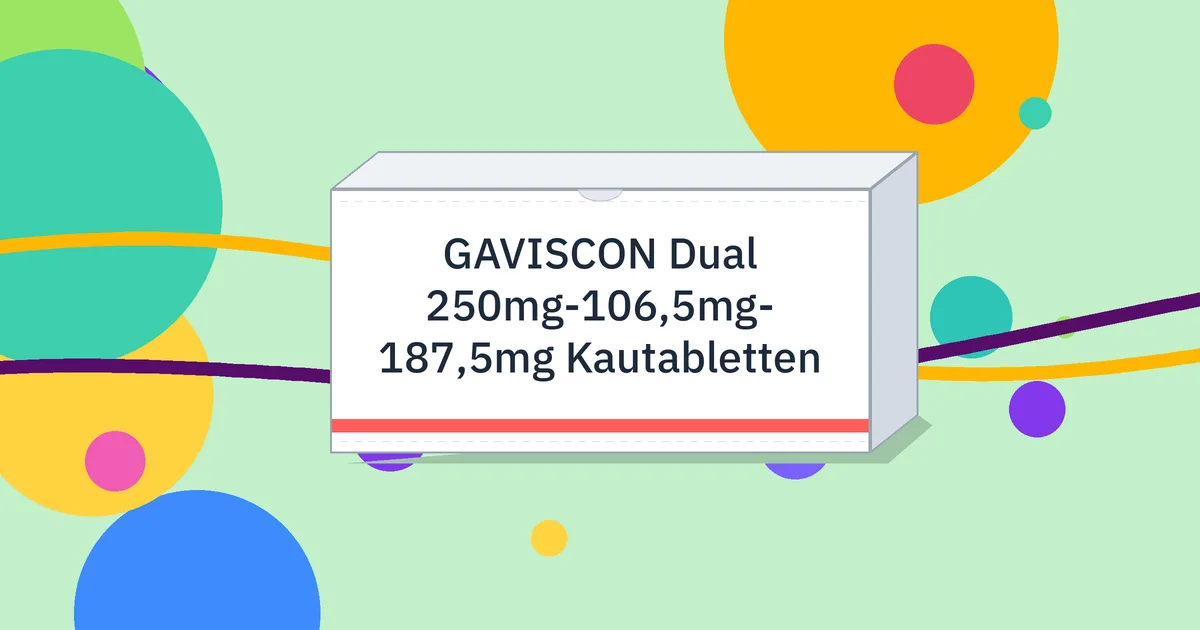 Symbolbild: Packung mit der Aufschrift GAVISCON Dual 250mg-106,5mg-187,5mg Kautabletten (PZN 04363716) – Verfügbarkeit und Bezug in Apotheken in Frankfurt am Main