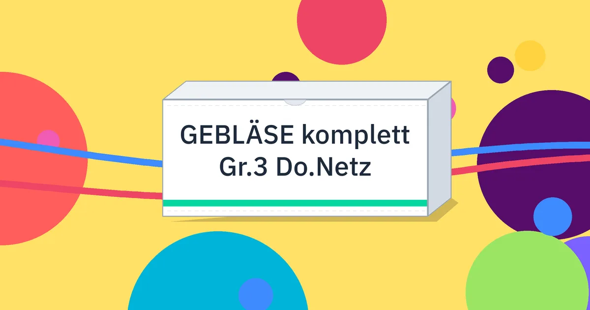 Symbolbild: Packung mit der Aufschrift GEBLÄSE komplett Gr.3 Do.Netz (PZN 01727224) – Verfügbarkeit und Bezug in Apotheken in Frankfurt am Main