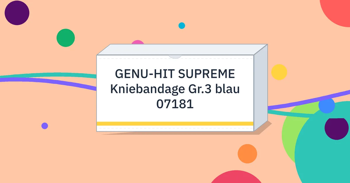 Symbolbild: Packung mit der Aufschrift GENU-HIT SUPREME Kniebandage Gr.3 blau 07181 (PZN 16931344) – Verfügbarkeit und Bezug in Apotheken in Frankfurt am Main