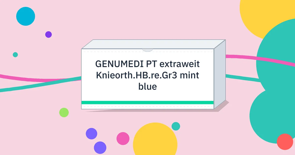 Symbolbild: Packung mit der Aufschrift GENUMEDI PT extraweit Knieorth.HB.re.Gr3 mint blue (PZN 17982697) – Verfügbarkeit und Bezug in Apotheken in Frankfurt am Main