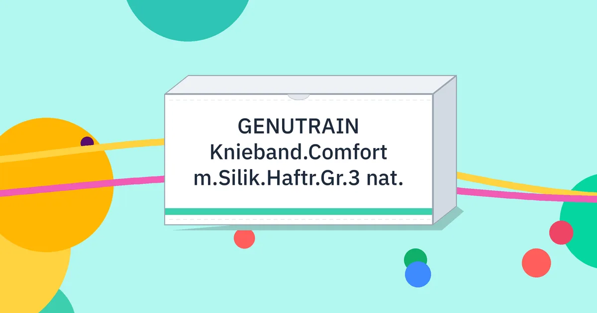 Symbolbild: Packung mit der Aufschrift GENUTRAIN Knieband.Comfort m.Silik.Haftr.Gr.3 nat. (PZN 12517317) – Verfügbarkeit und Bezug in Apotheken in Frankfurt am Main