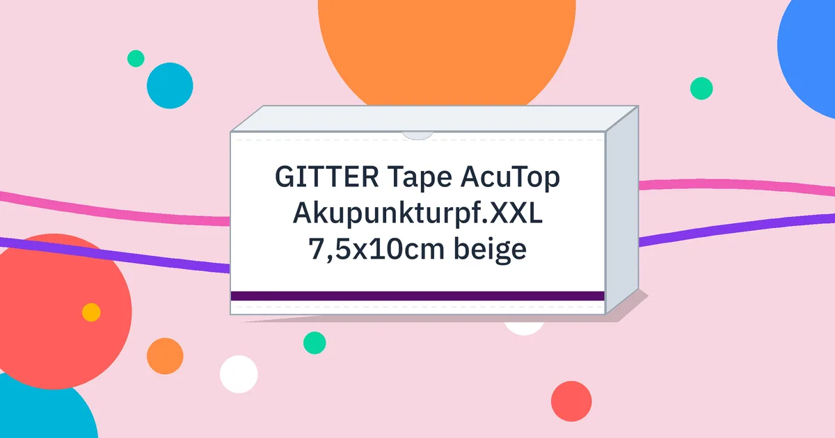 Symbolbild: Packung mit der Aufschrift GITTER Tape AcuTop Akupunkturpf.XXL 7,5x10cm beige (PZN 18099424) – Verfügbarkeit und Bezug in Apotheken in Frankfurt am Main
