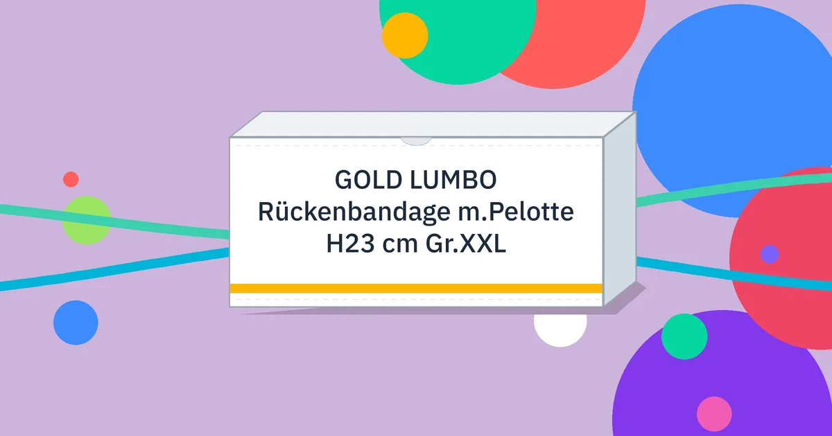 Symbolbild: Packung mit der Aufschrift GOLD LUMBO Rückenbandage m.Pelotte H23 cm Gr.XXL (PZN 19133778) – Verfügbarkeit und Bezug in Apotheken in Frankfurt am Main