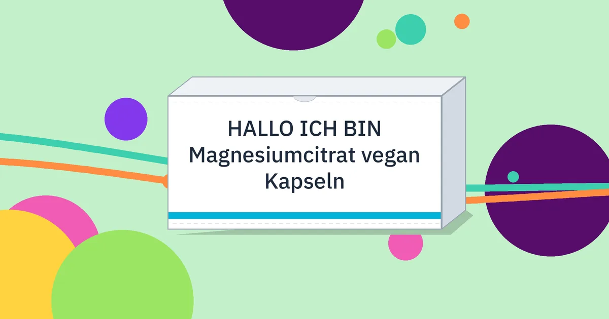 Symbolbild: Packung mit der Aufschrift HALLO ICH BIN Magnesiumcitrat vegan Kapseln (PZN 14365018) – Verfügbarkeit und Bezug in Apotheken in Frankfurt am Main