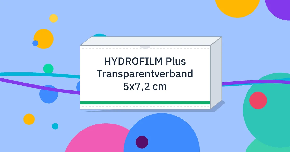 Symbolbild: Packung mit der Aufschrift HYDROFILM Plus Transparentverband 5x7,2 cm (PZN 10185561) – Verfügbarkeit und Bezug in Apotheken in Frankfurt am Main