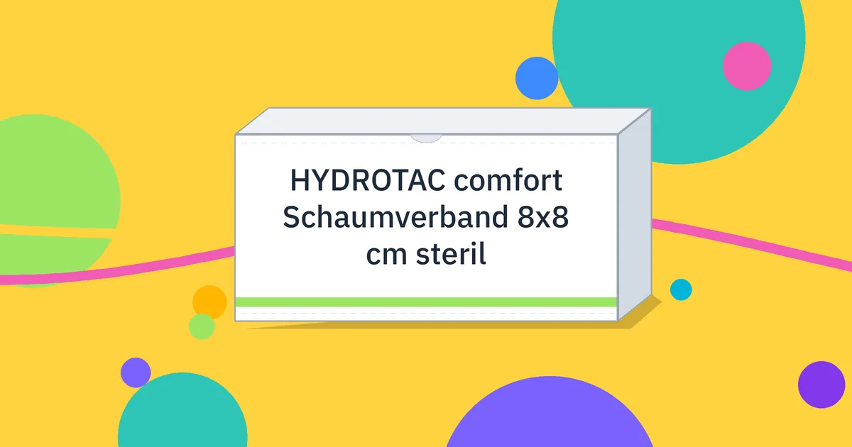 Symbolbild: Packung mit der Aufschrift HYDROTAC comfort Schaumverband 8x8 cm steril (PZN 18125216) – Verfügbarkeit und Bezug in Apotheken in Frankfurt am Main