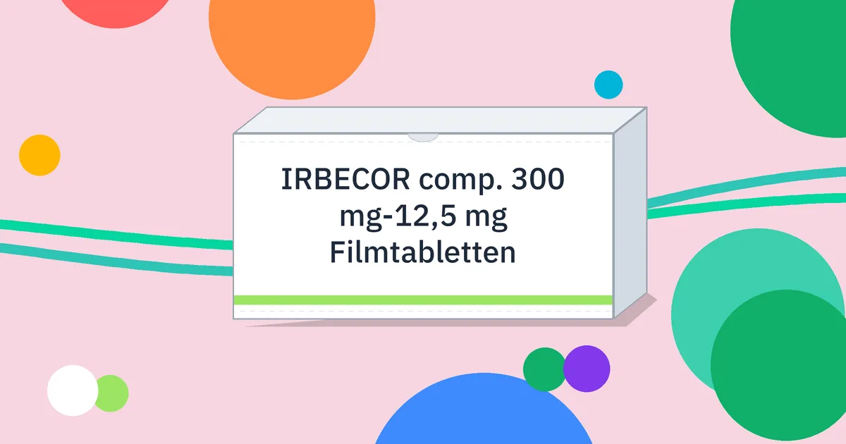Symbolbild: Packung mit der Aufschrift IRBECOR comp. 300 mg-12,5 mg Filmtabletten (PZN 09765098) – Verfügbarkeit und Bezug in Apotheken in Frankfurt am Main