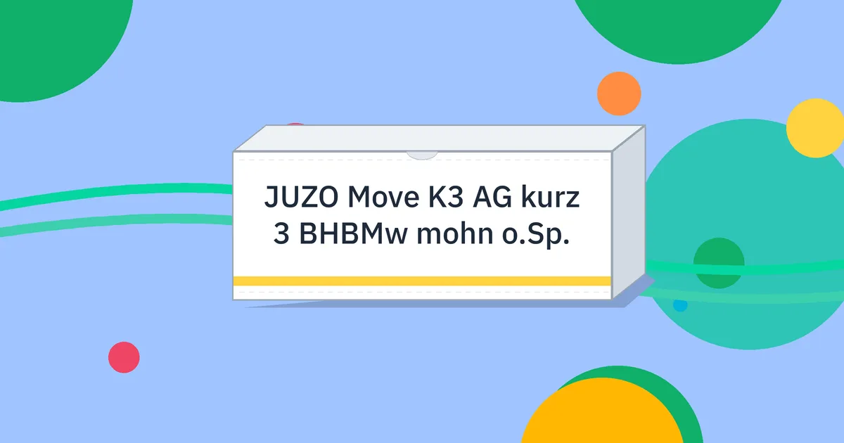Symbolbild: Packung mit der Aufschrift JUZO Move K3 AG kurz 3 BHBMw mohn o.Sp. (PZN 18594135) – Verfügbarkeit und Bezug in Apotheken in Frankfurt am Main
