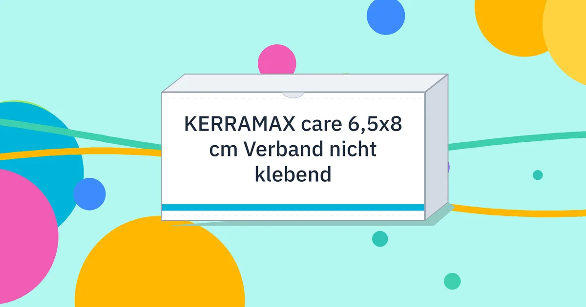 Symbolbild: Packung mit der Aufschrift KERRAMAX care 6,5x8 cm Verband nicht klebend (PZN 18729612) – Verfügbarkeit und Bezug in Apotheken in Frankfurt am Main