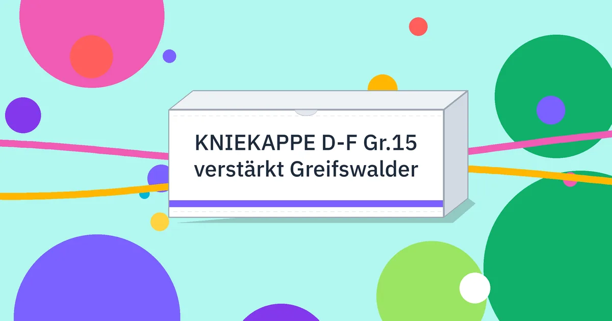 Symbolbild: Packung mit der Aufschrift KNIEKAPPE D-F Gr.15 verstärkt Greifswalder (PZN 01969849) – Verfügbarkeit und Bezug in Apotheken in Frankfurt am Main