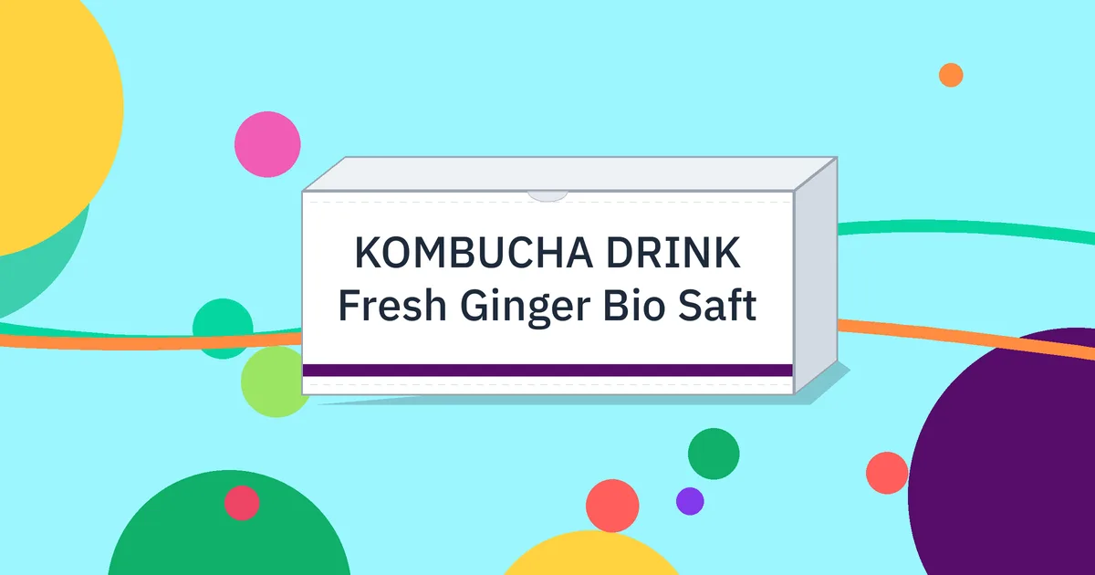 Symbolbild: Packung mit der Aufschrift KOMBUCHA DRINK Fresh Ginger Bio Saft (PZN 18412111) – Verfügbarkeit und Bezug in Apotheken in Frankfurt am Main