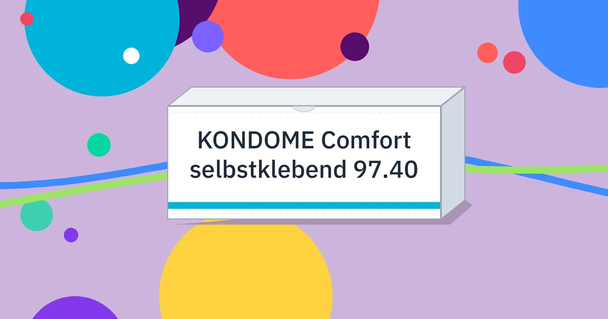 Symbolbild: Packung mit der Aufschrift KONDOME Comfort selbstklebend 97.40 (PZN 00590763) – Verfügbarkeit und Bezug in Apotheken in Frankfurt am Main