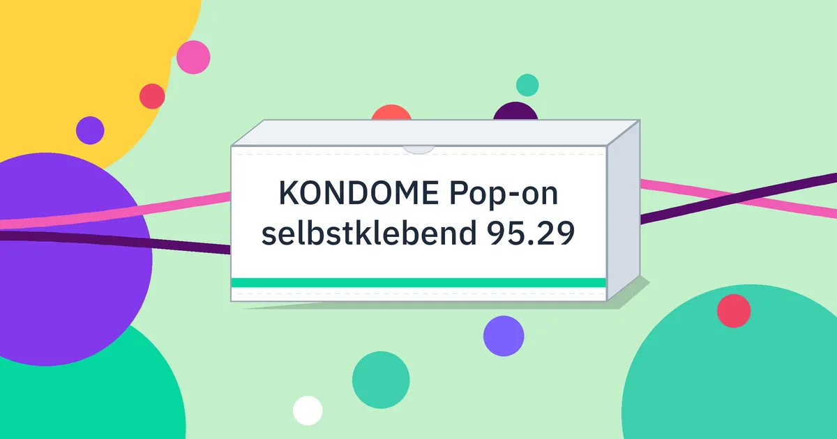 Symbolbild: Packung mit der Aufschrift KONDOME Pop-on selbstklebend 95.29 (PZN 07235982) – Verfügbarkeit und Bezug in Apotheken in Frankfurt am Main