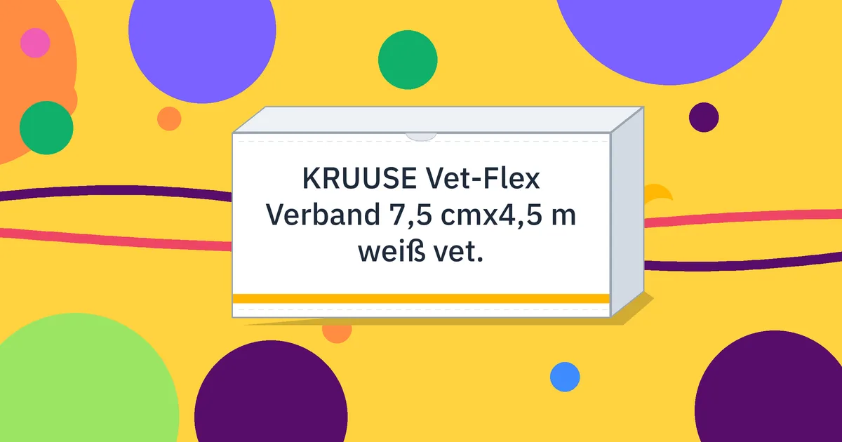 Symbolbild: Packung mit der Aufschrift KRUUSE Vet-Flex Verband 7,5 cmx4,5 m weiß vet. (PZN 18443382) – Verfügbarkeit und Bezug in Apotheken in Frankfurt am Main