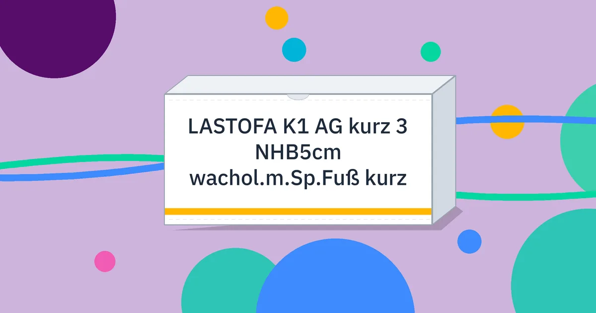 Symbolbild: Packung mit der Aufschrift LASTOFA K1 AG kurz 3 NHB5cm wachol.m.Sp.Fuß kurz (PZN 13791115) – Verfügbarkeit und Bezug in Apotheken in Frankfurt am Main
