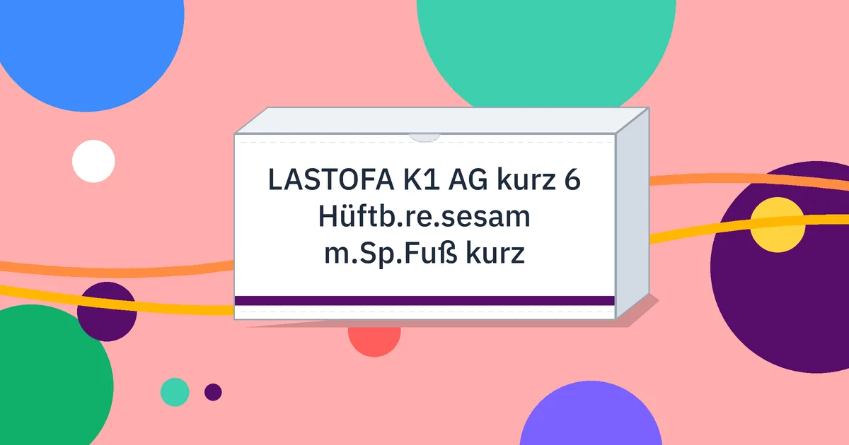 Symbolbild: Packung mit der Aufschrift LASTOFA K1 AG kurz 6 Hüftb.re.sesam m.Sp.Fuß kurz (PZN 13799246) – Verfügbarkeit und Bezug in Apotheken in Frankfurt am Main