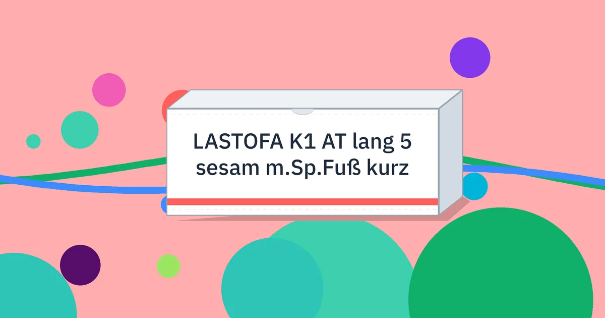 Symbolbild: Packung mit der Aufschrift LASTOFA K1 AT lang 5 sesam m.Sp.Fuß kurz (PZN 13796667) – Verfügbarkeit und Bezug in Apotheken in Frankfurt am Main