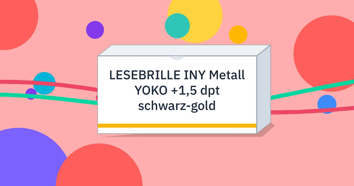 Symbolbild: Packung mit der Aufschrift LESEBRILLE INY Metall YOKO +1,5 dpt schwarz-gold (PZN 19928093) – Verfügbarkeit und Bezug in Apotheken in Frankfurt am Main