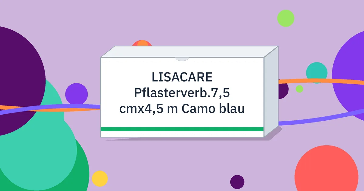 Symbolbild: Packung mit der Aufschrift LISACARE Pflasterverb.7,5 cmx4,5 m Camo blau (PZN 17892882) – Verfügbarkeit und Bezug in Apotheken in Frankfurt am Main