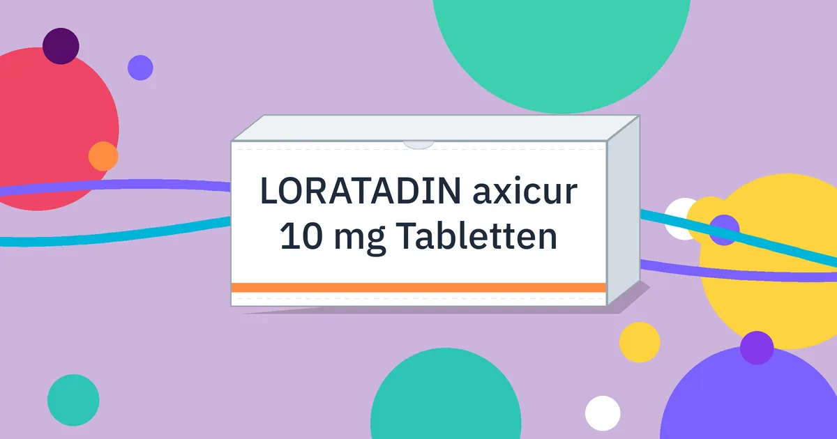 Symbolbild: Packung mit der Aufschrift LORATADIN axicur 10 mg Tabletten (PZN 14293796) – Verfügbarkeit und Bezug in Apotheken in Frankfurt am Main