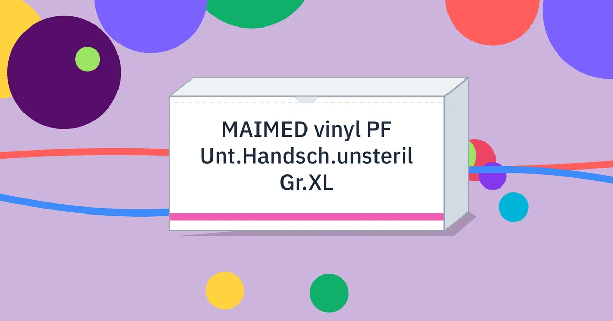 Symbolbild: Packung mit der Aufschrift MAIMED vinyl PF Unt.Handsch.unsteril Gr.XL (PZN 02074534) – Verfügbarkeit und Bezug in Apotheken in Frankfurt am Main