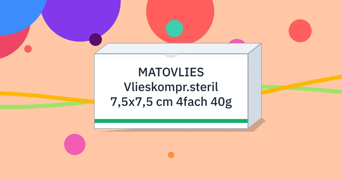 Symbolbild: Packung mit der Aufschrift MATOVLIES Vlieskompr.steril 7,5x7,5 cm 4fach 40g (PZN 00592124) – Verfügbarkeit und Bezug in Apotheken in Frankfurt am Main